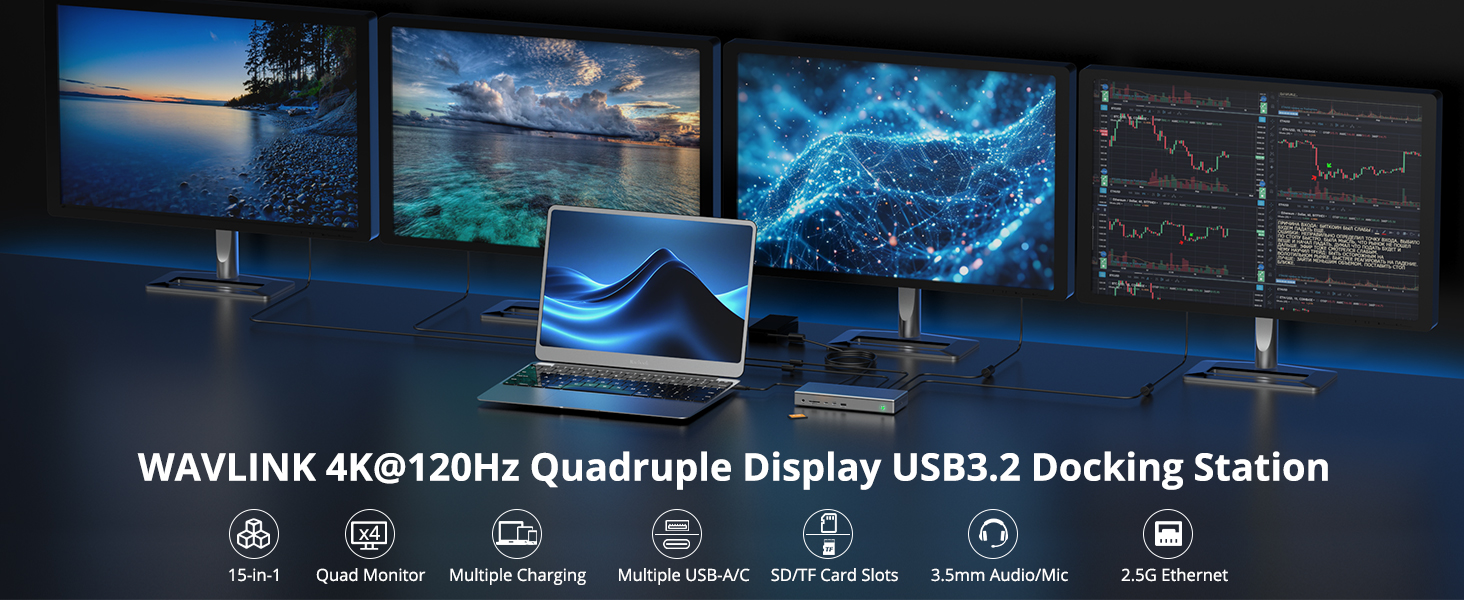 WAVLINK Quad Display DL7400 10K 8K 4K 144HZ 120HZ USB C Docking Station ...
