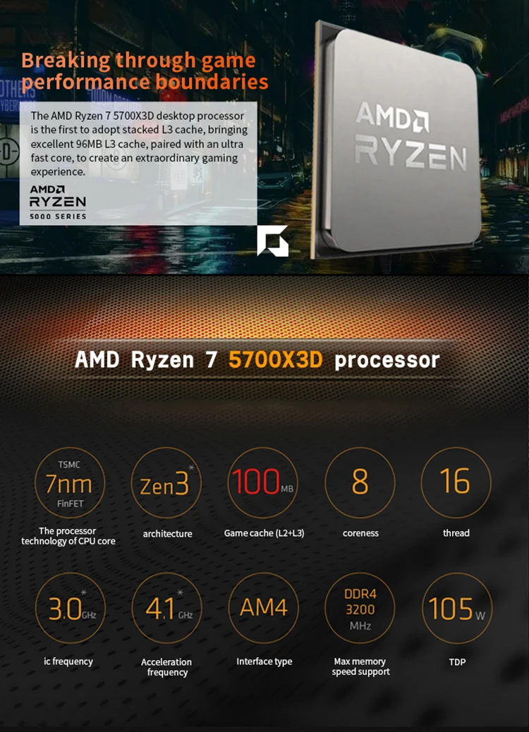 AMD RYZEN™ 7 5700X3D Brand New CPU R7 5700X3D Gaming Processor DDR4 3200 8-Core 16-Thread 4.1GHz ...