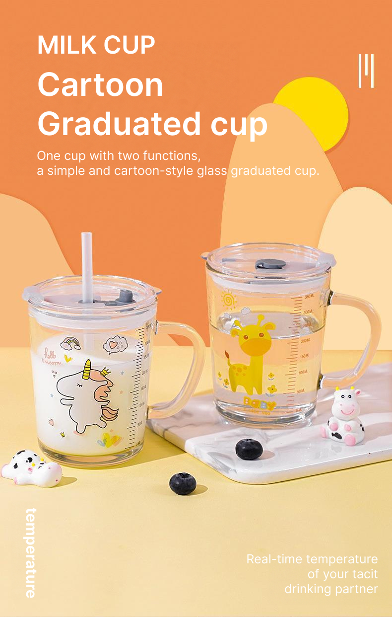 400ML Glass Milk Cup with Straw and Lid Glass Measuring Milk Clear Cup ...