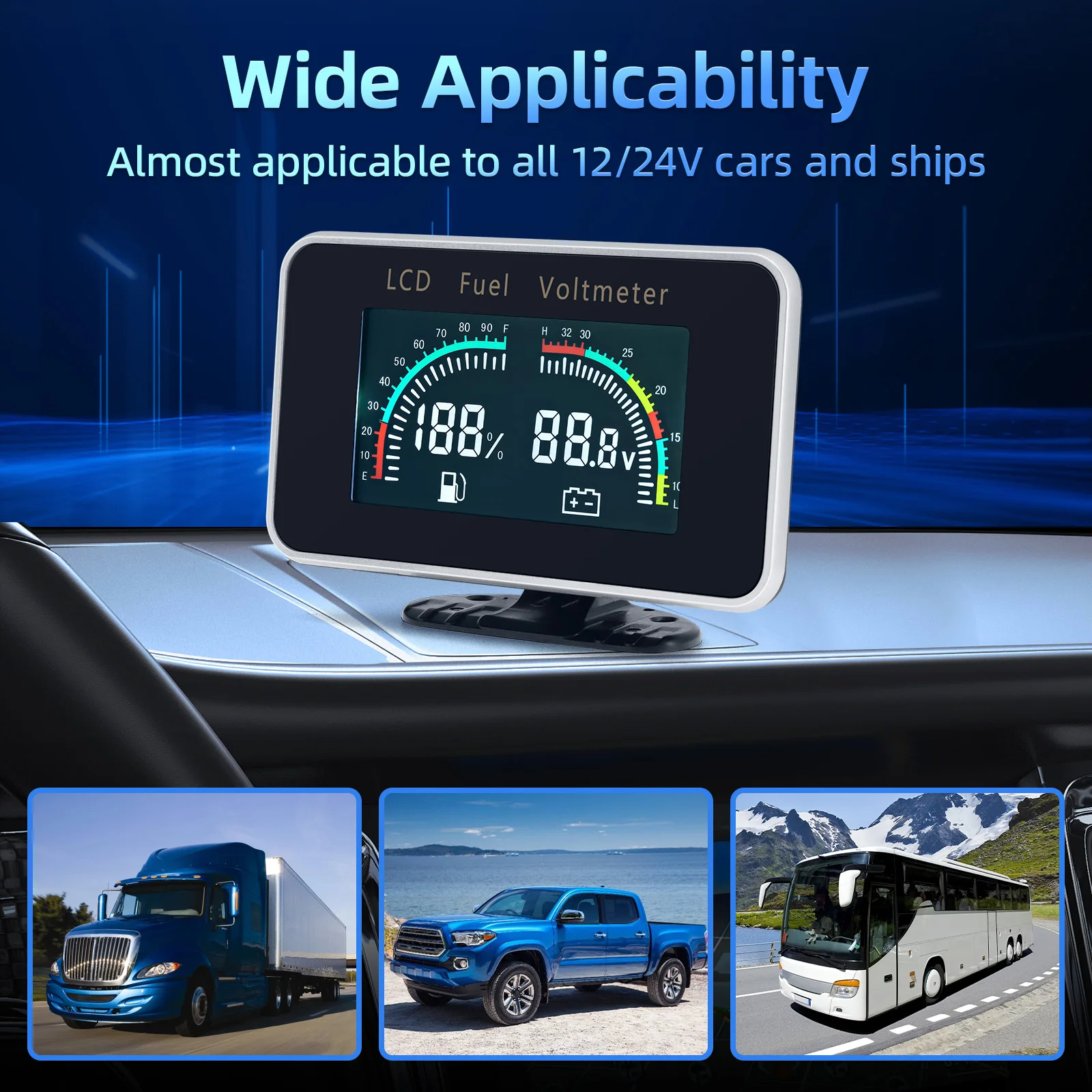 AD 2IN1 LCD Car Digital Fuel Level Gauge + Voltmeter 12V 24V Liquid ...