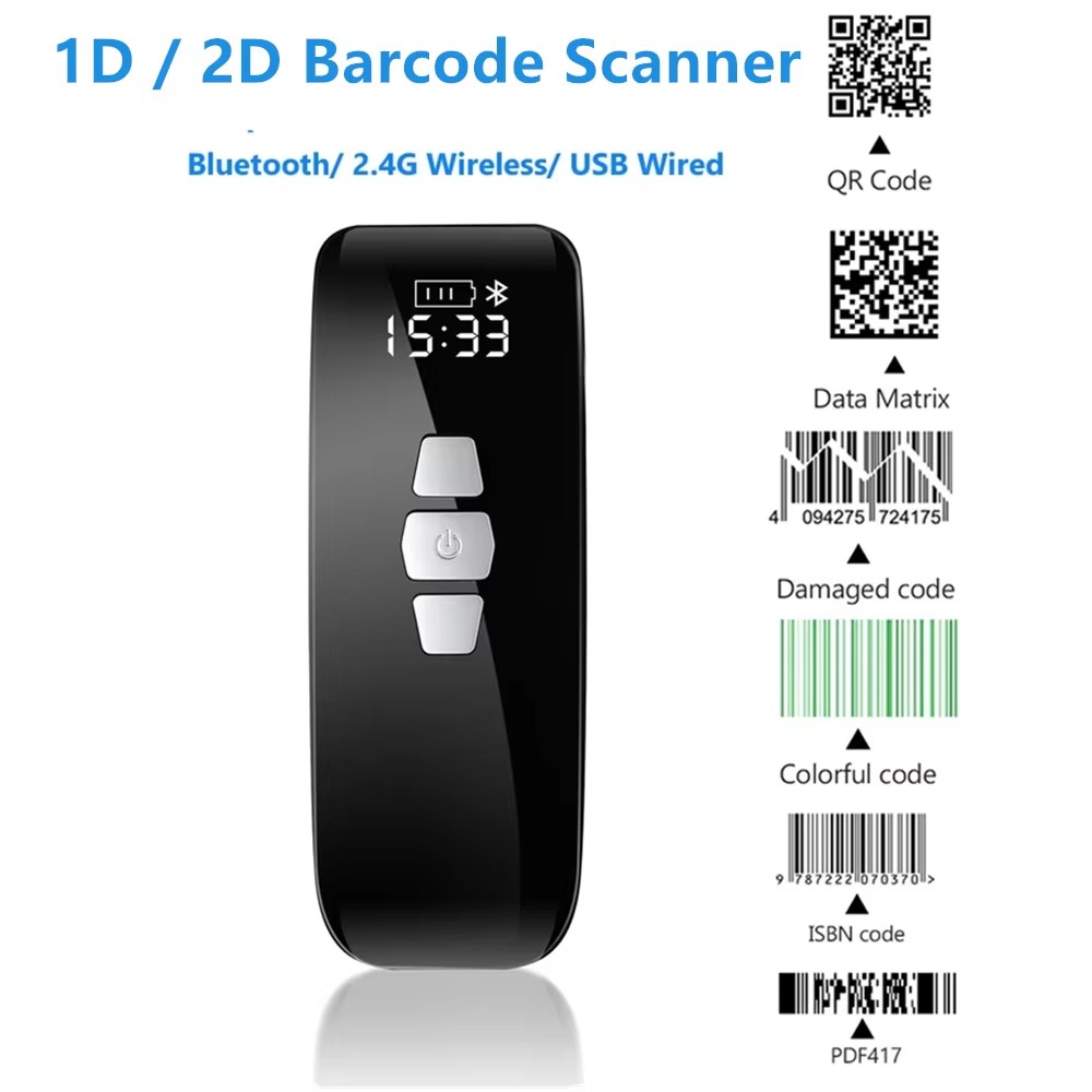 Evnvn 3-in-1 Mini BarCode Reader 2.4G Wireless & USB Wired 1D 2D QR ...