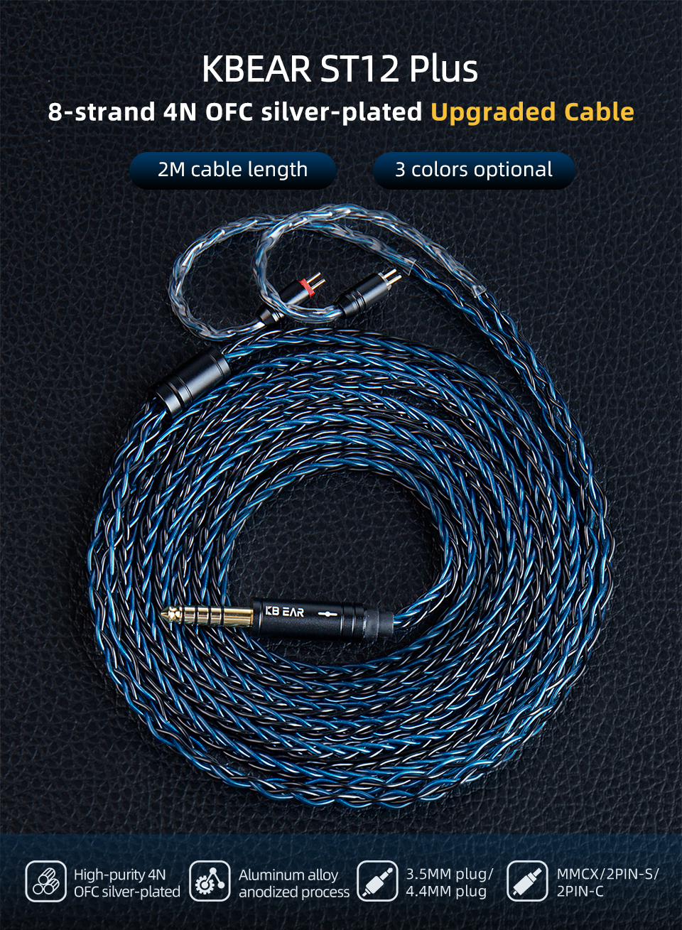KBEAR ST12 Plus 2m 8 Core Silver-Plated Upgraded IEM Cable With 3.5/4.4mm 2PIN/QDC/MMCX ...