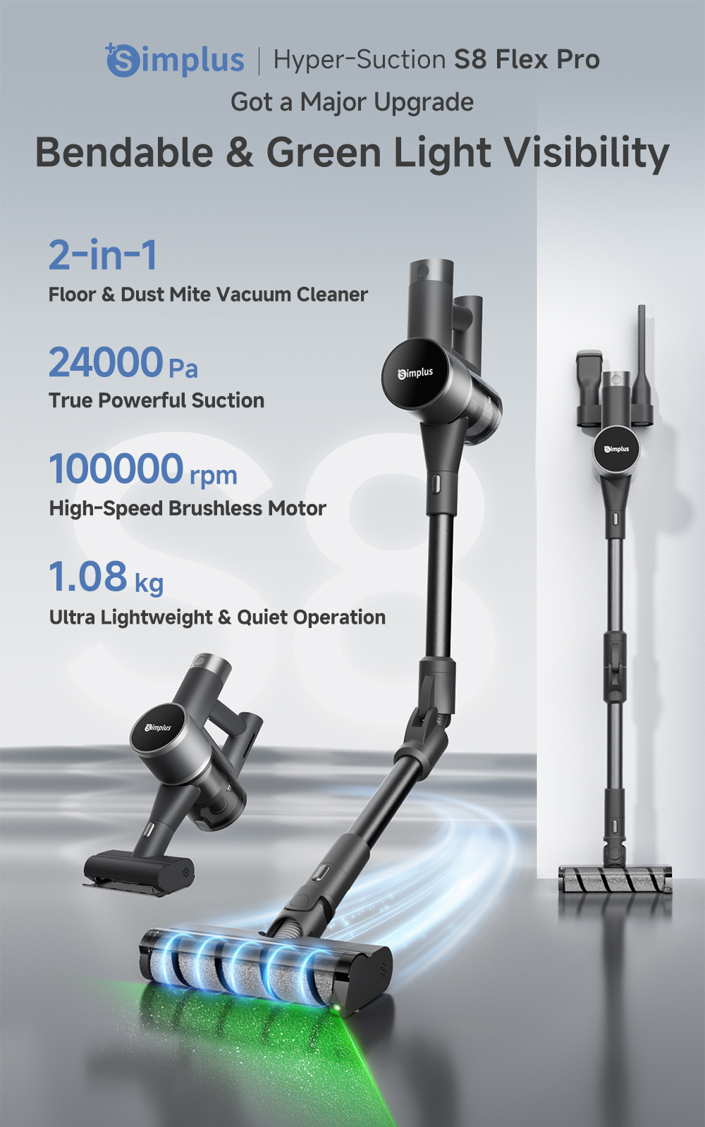 Simplus Cordless Vacuum Cleaner 24000Pa Suction Household Bendable ...