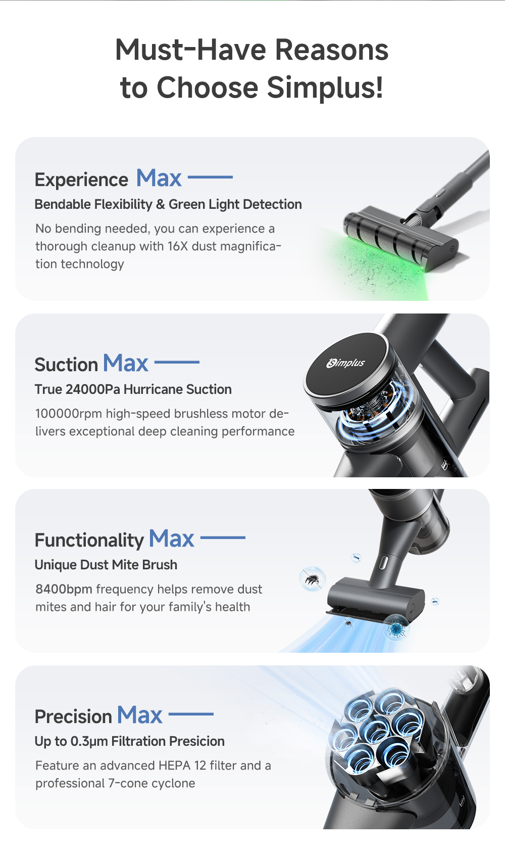 Simplus Cordless Vacuum Cleaner 24000Pa Suction Household Bendable ...