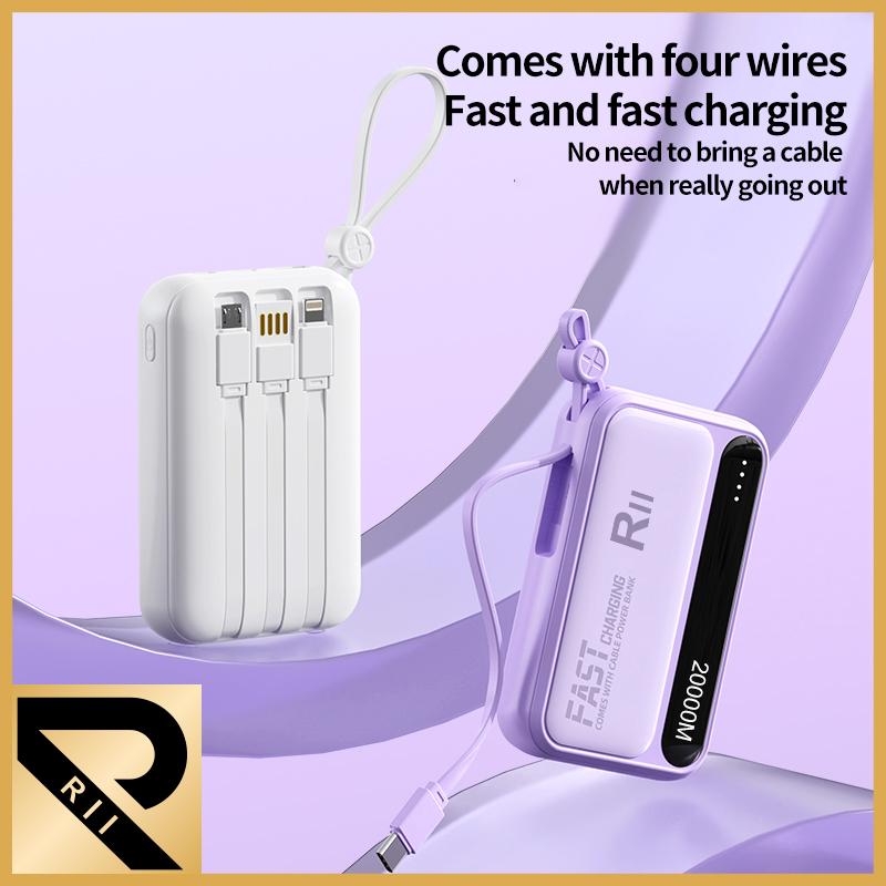 RII New R08 20000mah Portable Powerbank with 4 Cables Fast Charging with Built-in CABLE for USB ...