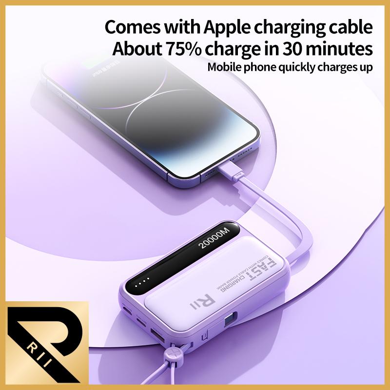 RII New R08 20000mah Portable Powerbank with 4 Cables Fast Charging with Built-in CABLE for USB ...
