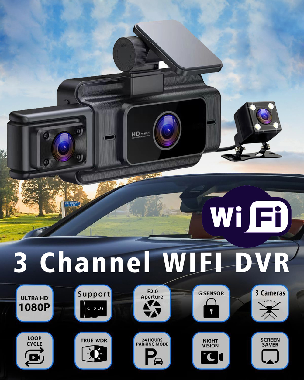 WiFi 3 Channel Dash Cam Cabin Len Car Dvr HD1080P Interior Camera ...