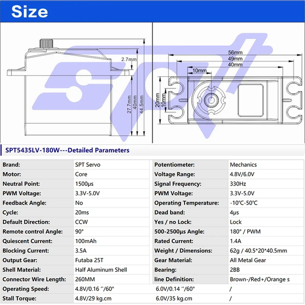 SPT 5435LV-180W 35KG Digital Servo Waterproof Metal Gear Large Torque ...