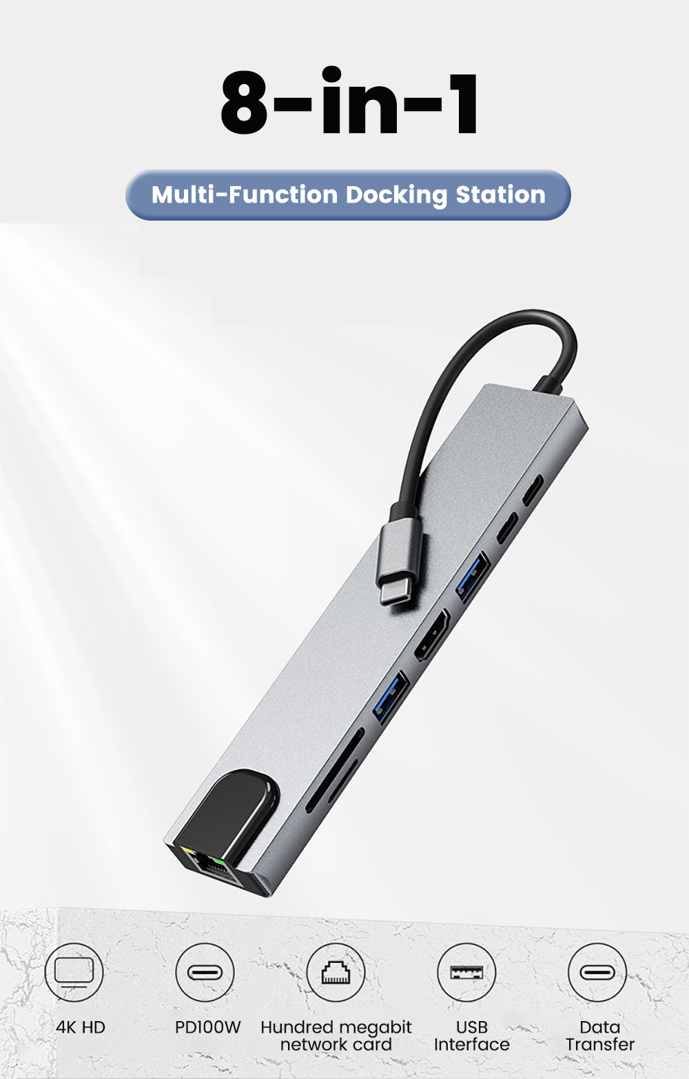 8-in-1 Type-C to HDMI Docking Station USB3.0 Card Reader RJ45 Gigabit ...