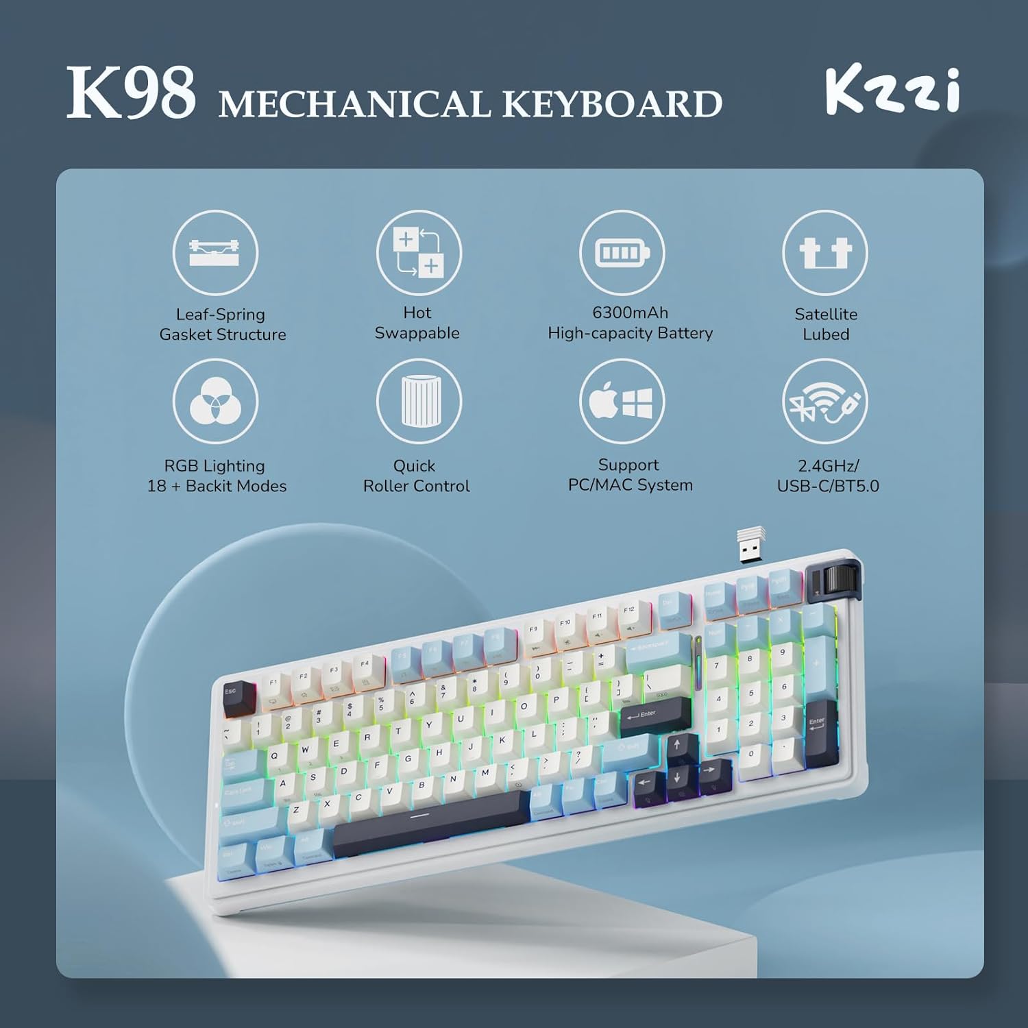 KZZI K98 Polar White Wireless Gaming Triple Mode BT5.0/2.4G/USB-C Gasket Mounted Custom RGB ...