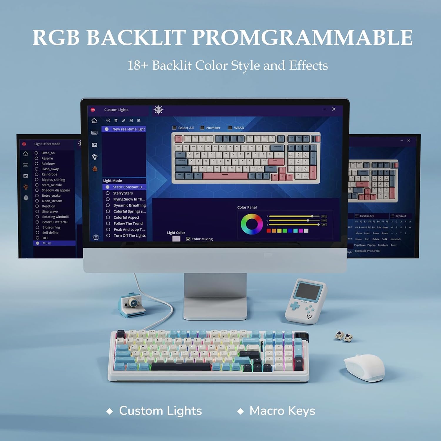 KZZI K98 Polar White Wireless Gaming Triple Mode BT5.0/2.4G/USB-C Gasket Mounted Custom RGB ...