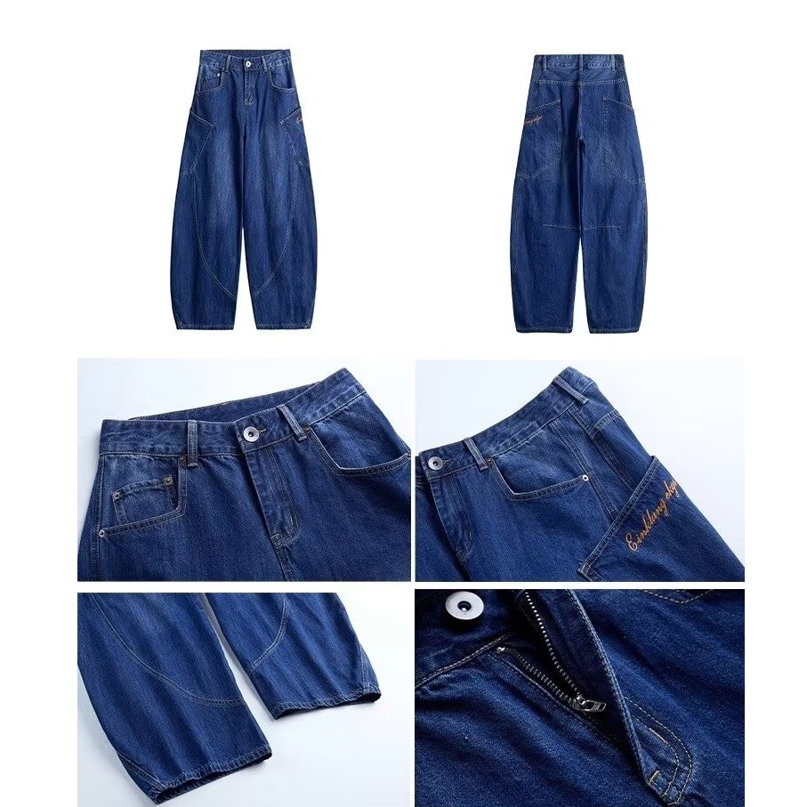 Big Pocket Jeans For Men And Women Loose Retro Design Wide Leg Embroidery Versatile Floor Pants ...