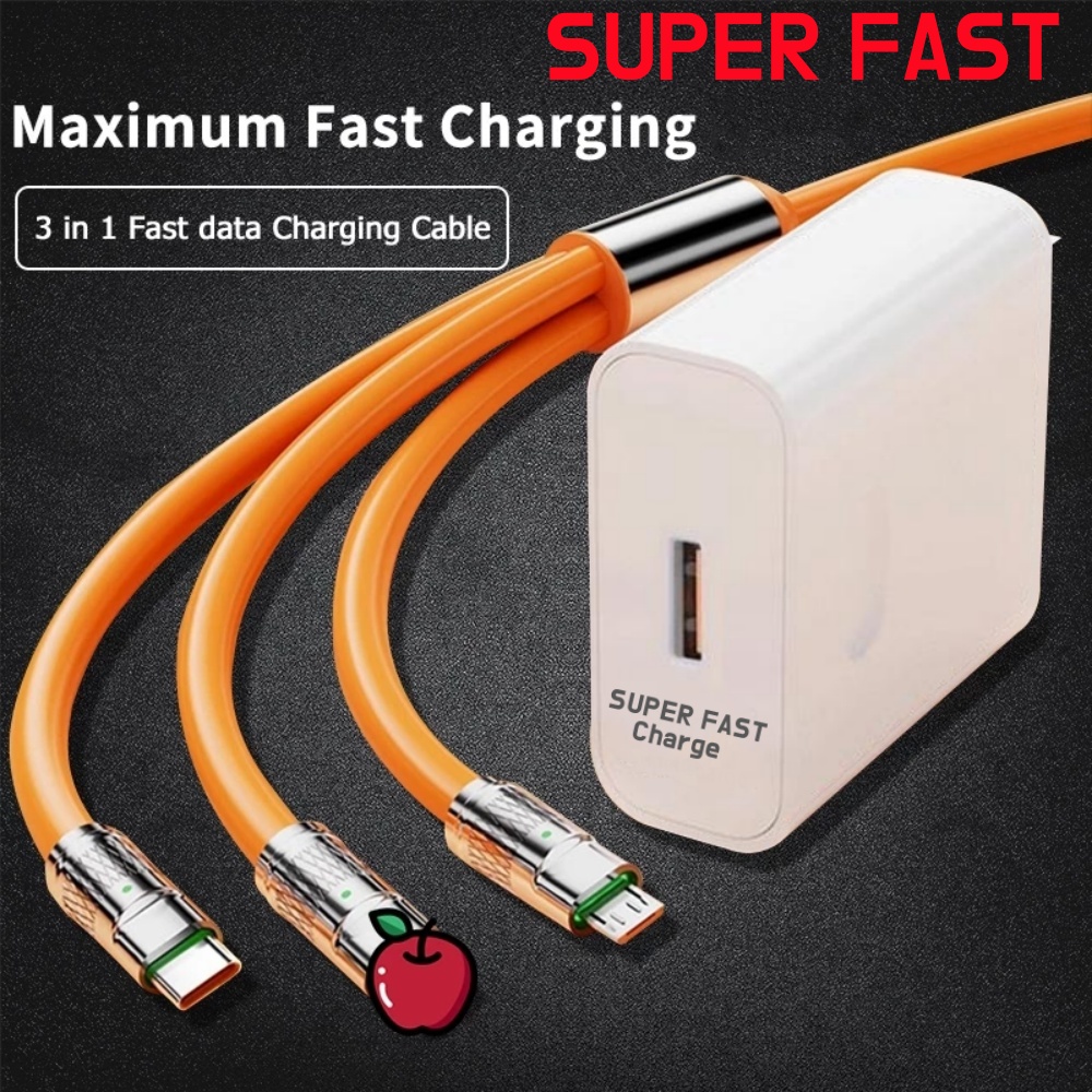 3 In1 Fast Charger For Android Type-C Micro USB iOS 6A Cable Silicone ...