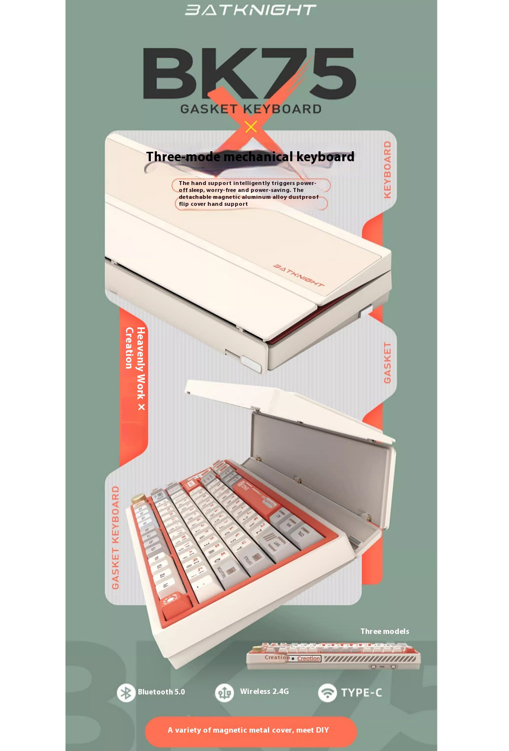 BATKNIGHT BK75 BK75 Wireless Mechanical Keyboard 75% Hot swappable RGB ...