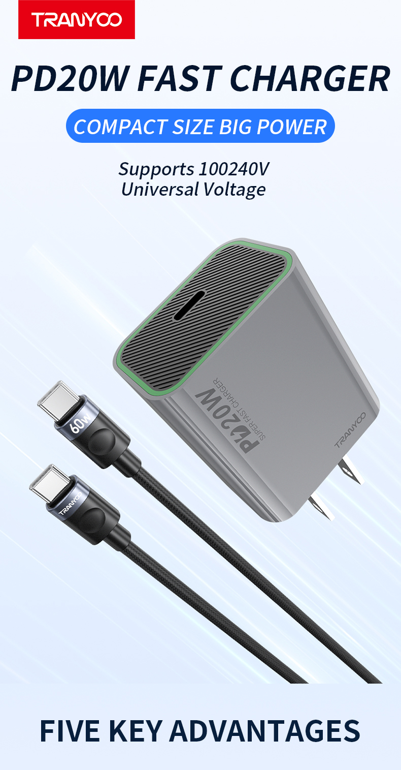 Tranyoo US7 20W Fast Charge set Type-C Port Power Adapter Type-C to ...