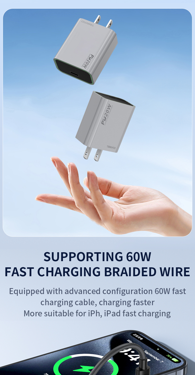 Tranyoo US7 20W Fast Charge set Type-C Port Power Adapter Type-C to ...