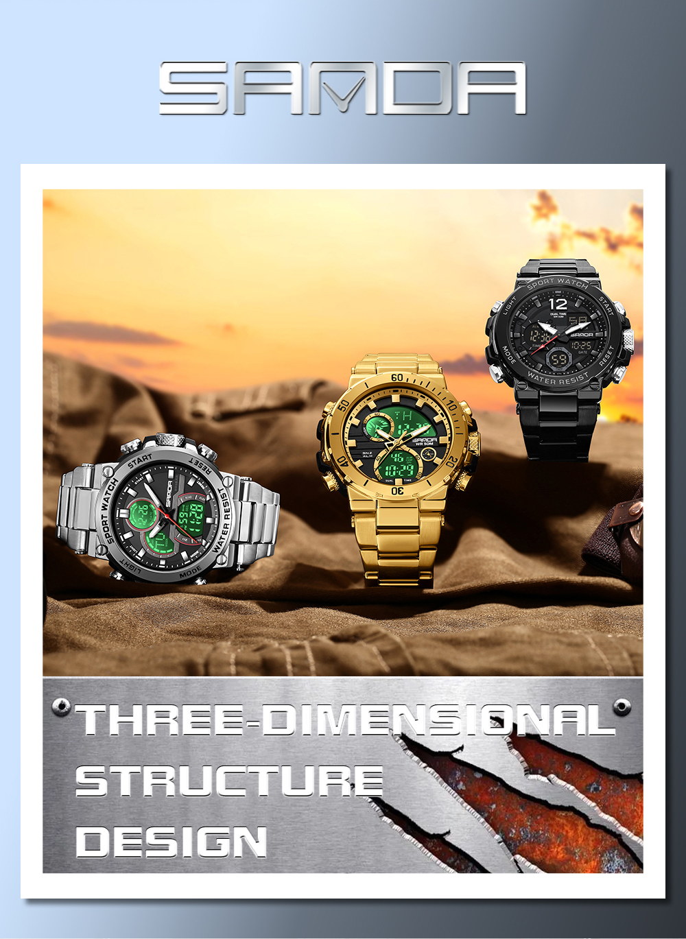 SANDA Brand 6178 Luxury Men's Electronic Watch With Dual Displays And ...