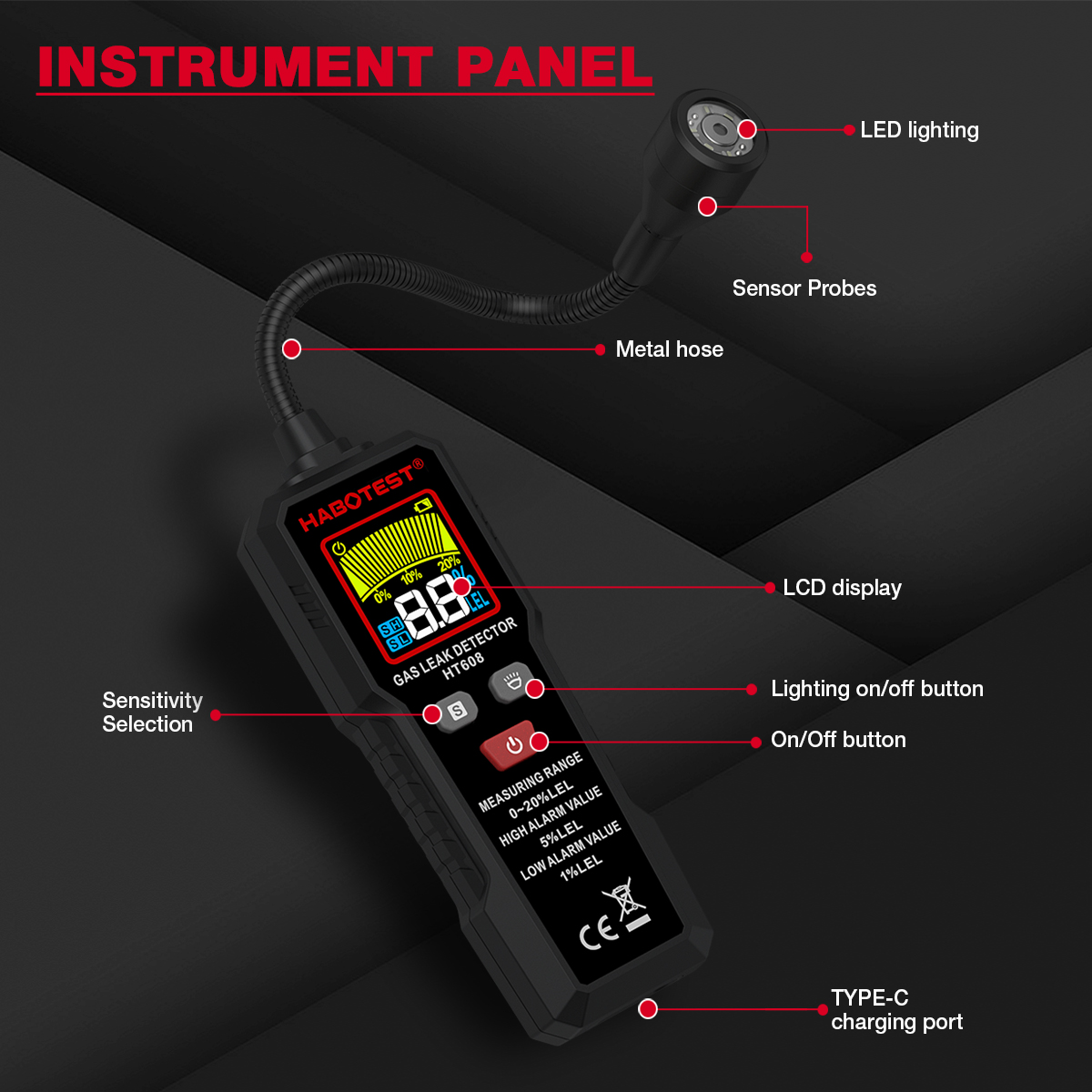 HABOTEST HT608 Digital Gas Leak Detector Rechargeable Sound Alarm Gas ...