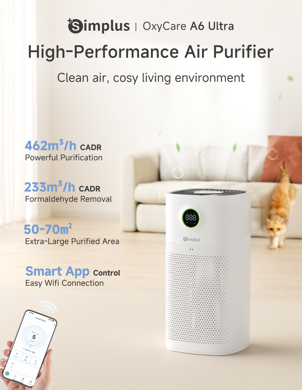 Simplus Air Purifier 462m³/h CADR HEPA H13 Filter Remove Formaldehyde Allergens PM2.5 Smart App ...