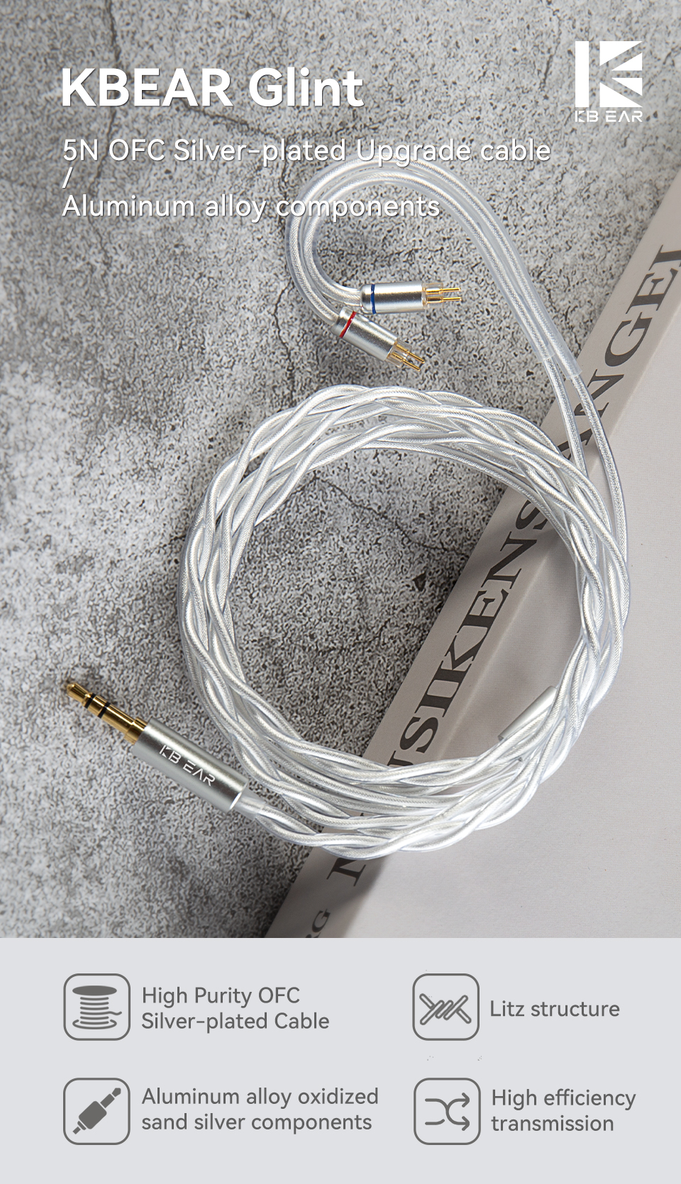 KBEAR Glint 5N OFC Silver-plated Upgrade cable Litz structure Connector Earphone wire for KB02 ...
