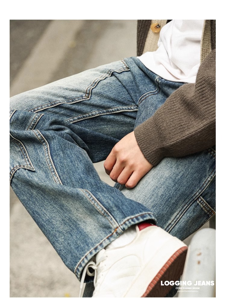 American Retro Double Knee Logging Jeans Men's Light Overalls B01 ...