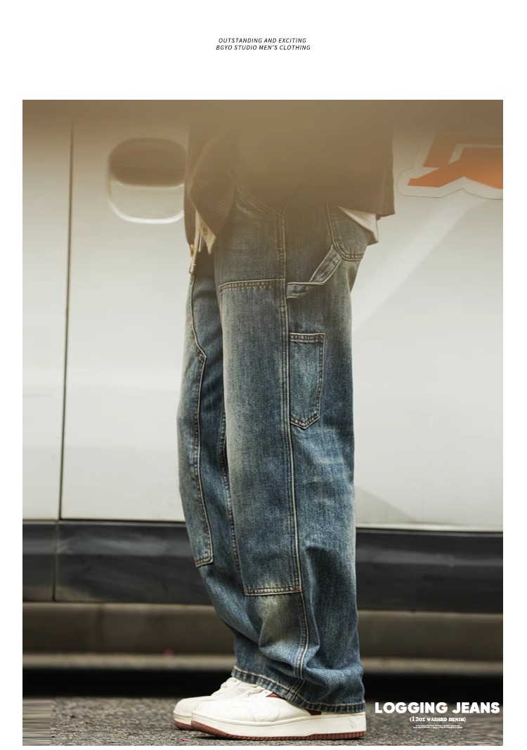 American Retro Double Knee Logging Jeans Men's Light Overalls B01 ...