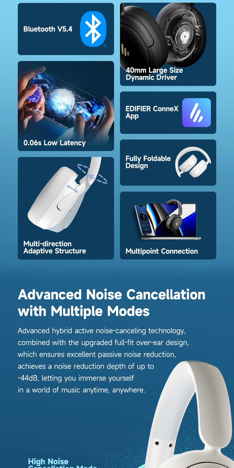 EDIFIER W60 Headphones Wireless Over-Ear Headset Hybrid ANC 45H ...