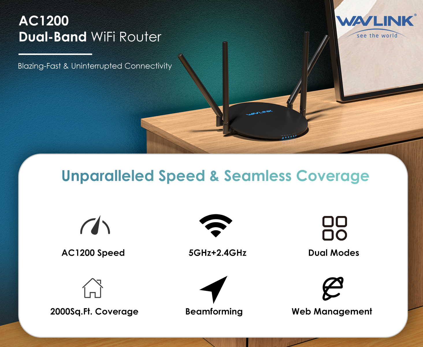 WAVLINK Wireless Router 1200Mbps, Dual Band 5GHz+2.4GHz WiFi 5 Router ...