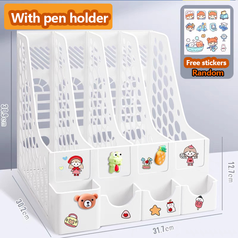【Free pen holder&Sticker】4 Column File Data Storage Rack PP Material ...