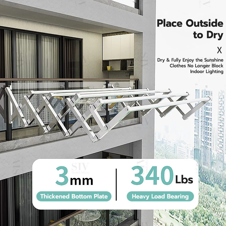 3/4/5 Bar Sampayan Foldable Stainless Steel Wall Mounted Clothes Drying ...