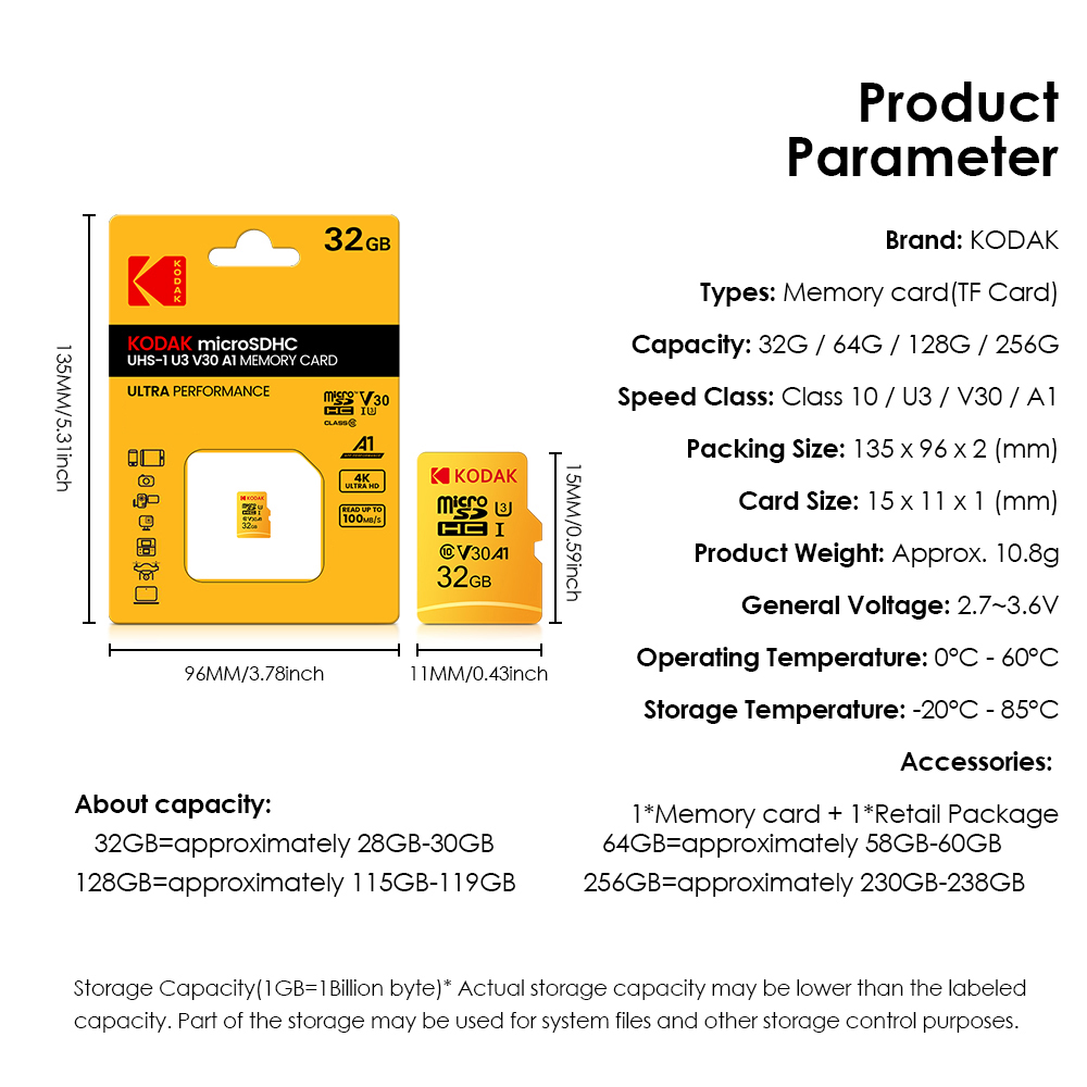Original KODAK MicroSD Card 32GB-256GB U3 V30 - for Dash Cams & Phones ...