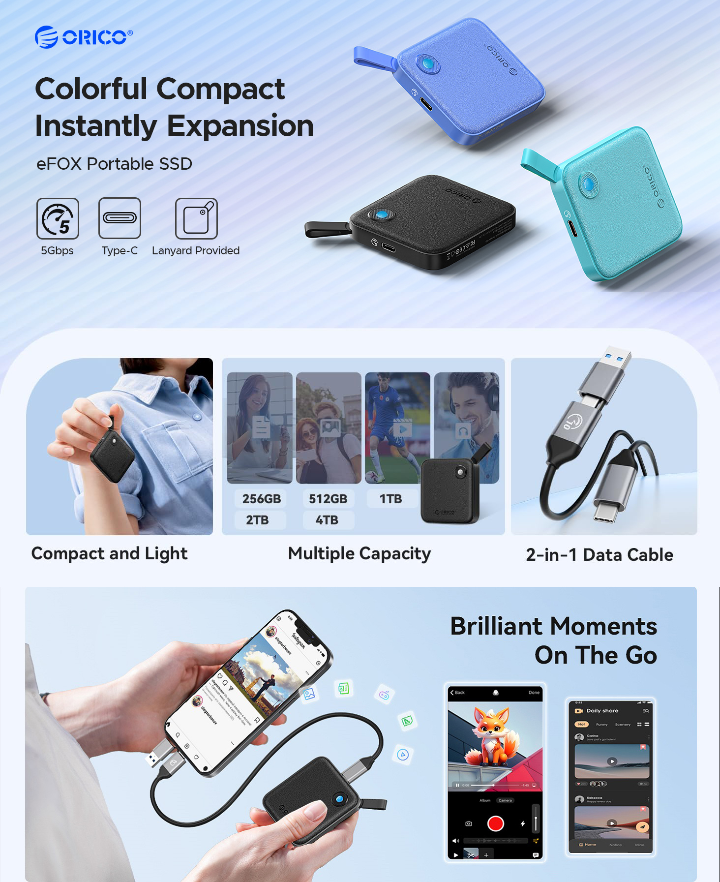 ORICO 512GB External SSD Portable Solid State Drive Up to 460MB/s For USB-C Phone PC Table ...