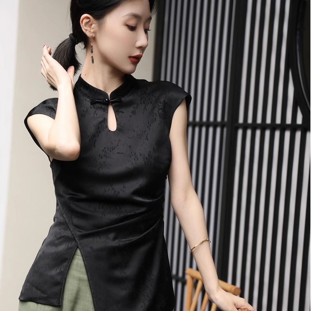 Alisa.Sonya Casual Plain Pleated Button Front Tank Top Slim Elegant ...