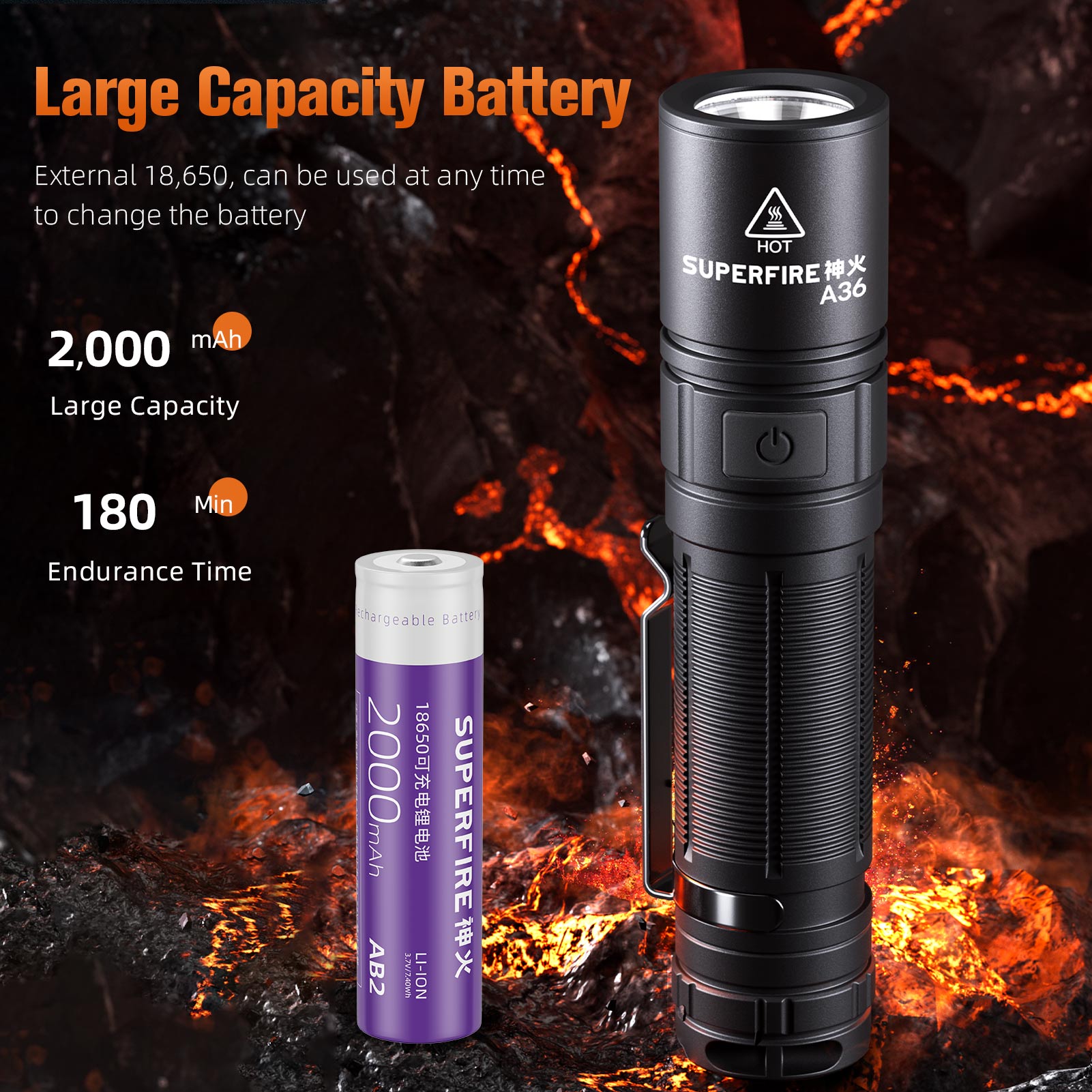 SUPERFIRE A36 12W EDC Bright LED Flashlight 2000mAh Battery 780LM Torch Portable Camping Fishing ...