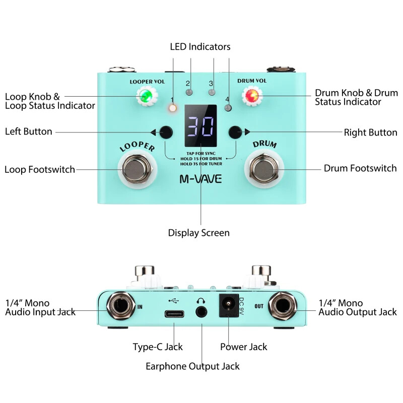 M-VAVE Guitar Effect Pedal Drum Looper Effector 30 Drums 11 Mins Looper ...
