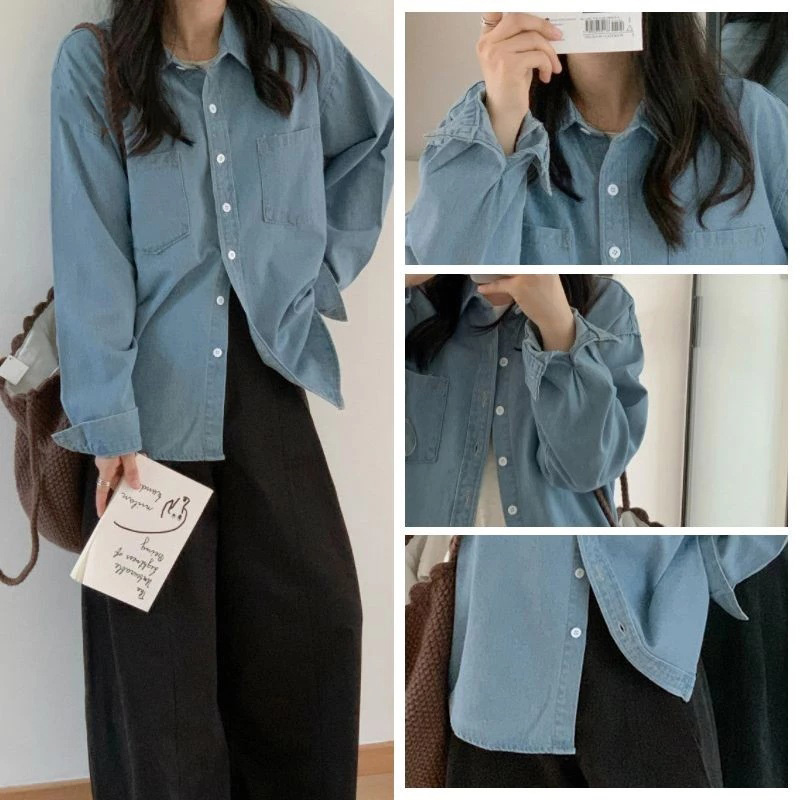 Women's Single-breasted loose long-sleeved denim shirt jocket | Shopee ...