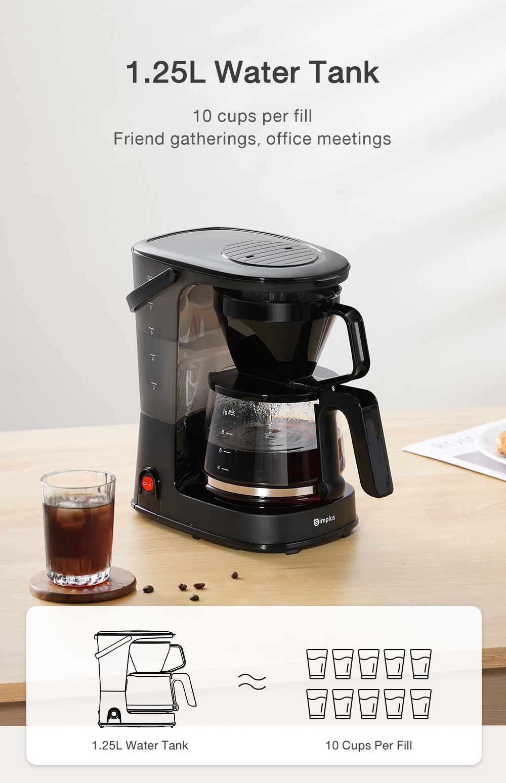 Simplus Drip Coffee Maker 1.25L Coffee Machine Auto Drip Filter Pour ...