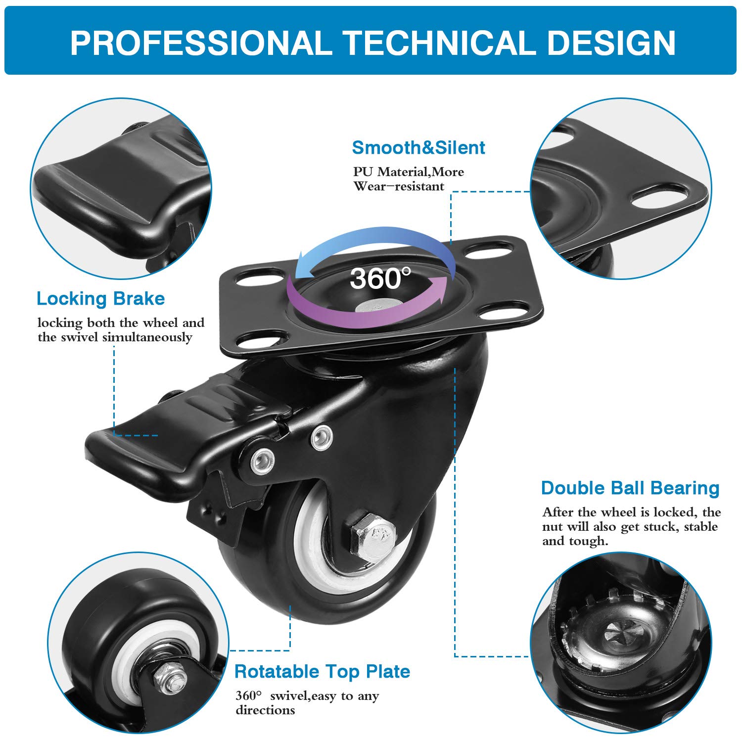 Yoqu Gold Diamond Caster Flat-bottomed Brake Casters Wheels Heavy-Duty ...