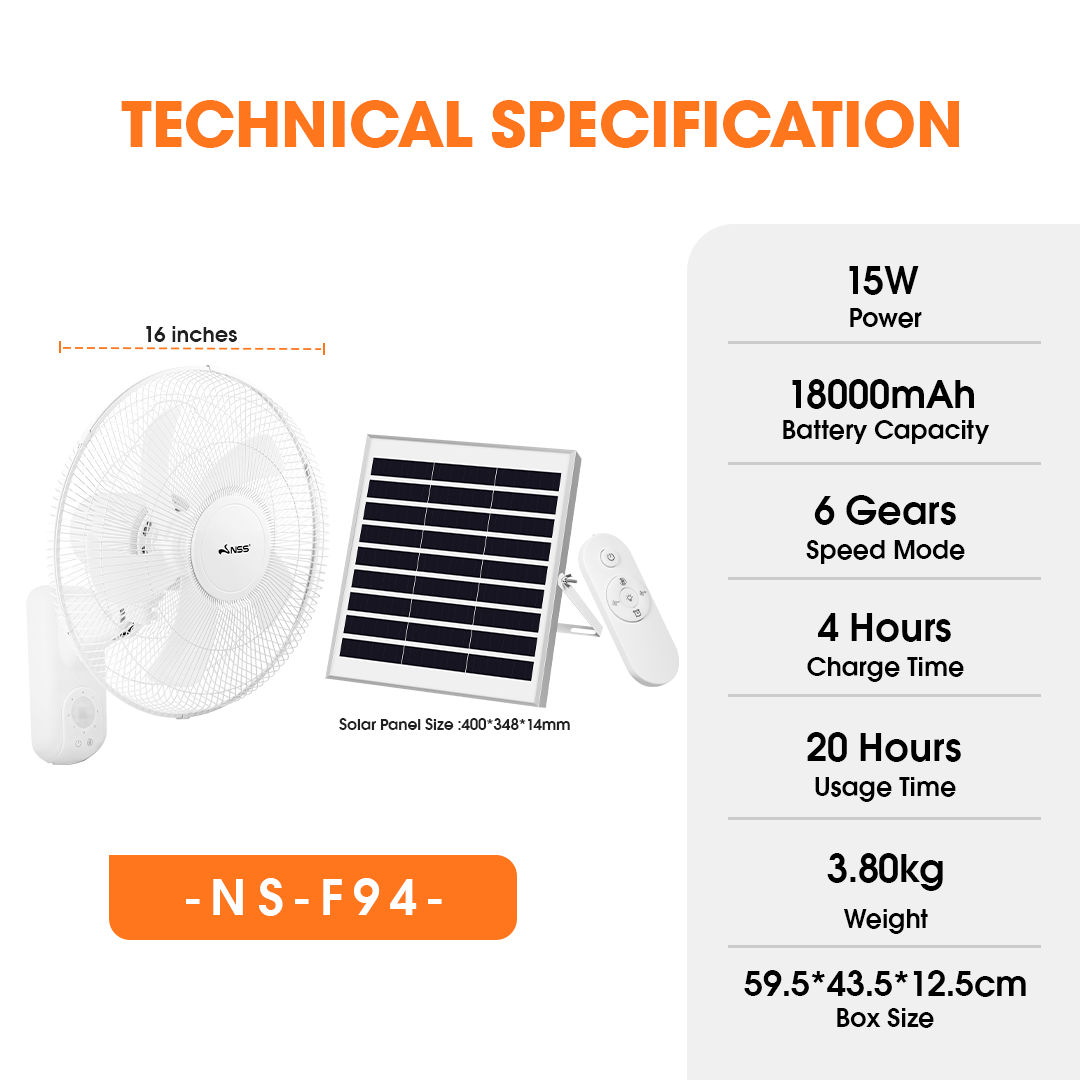 NSS 16" Solar Wall Fan 5 Blades 6-speed With Panel Rechargeable Solar ...