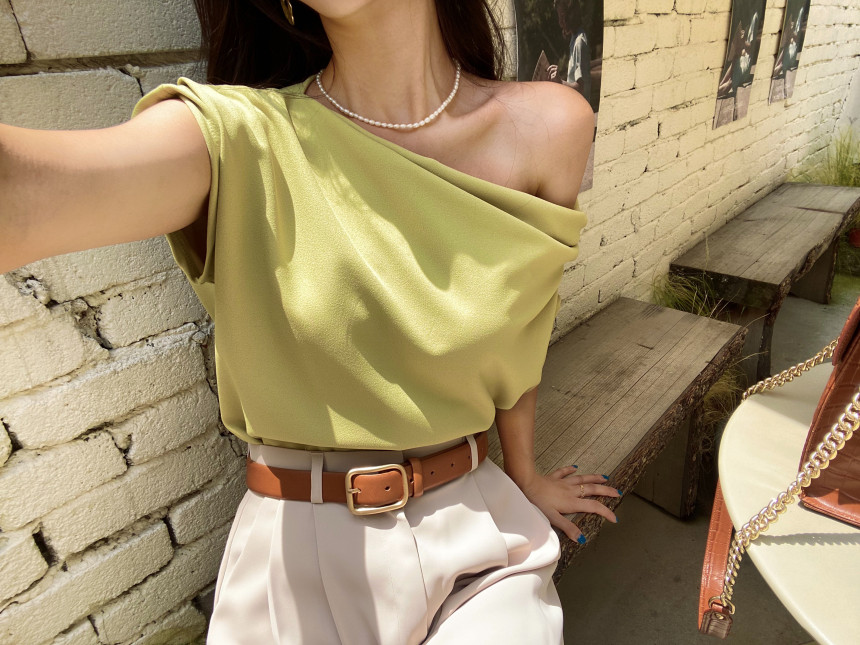 [cod]Alisa.Sonya Woman Solid Off Shoulder Elegant Blouse Tops Diagonal ...