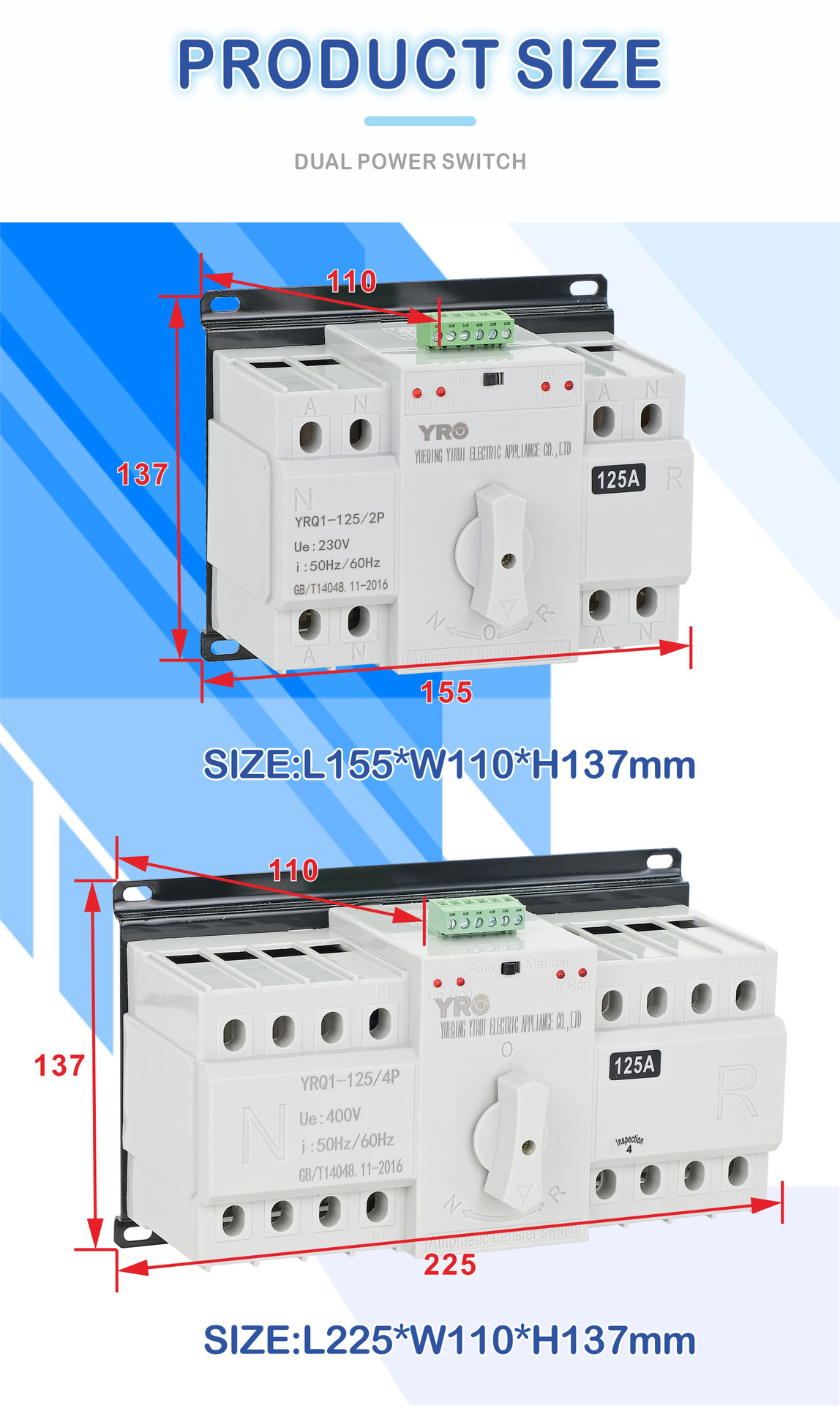 YRO Dual Power Automatic Transfer SwitchAC ATS 2P 4P 230V 400V 125A 63A ...