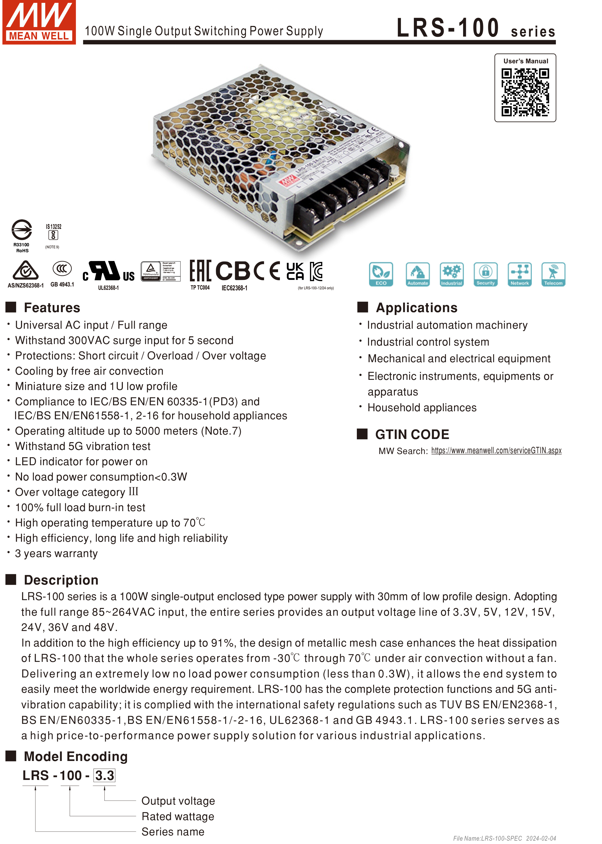 MEAN WELL LRS-100-5 LRS-100-12 LRS-100-15 LRS-100-24 LRS-100-36 LRS-100 ...