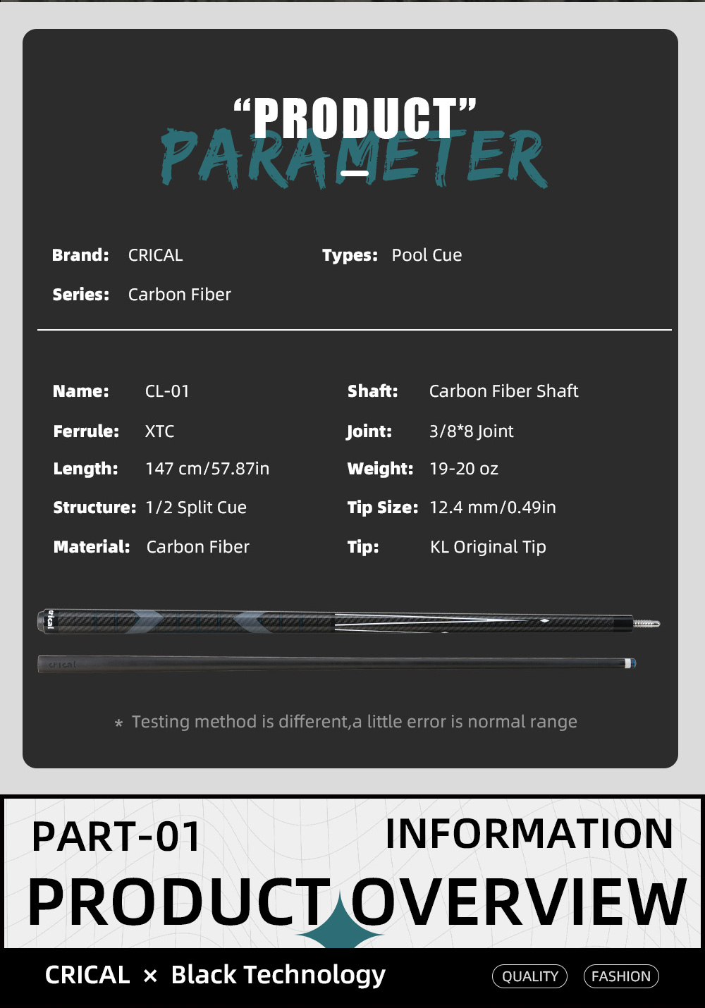 CRICAL CL-01 Carbon Fiber Pool Cue Stick With Black Technology Low ...