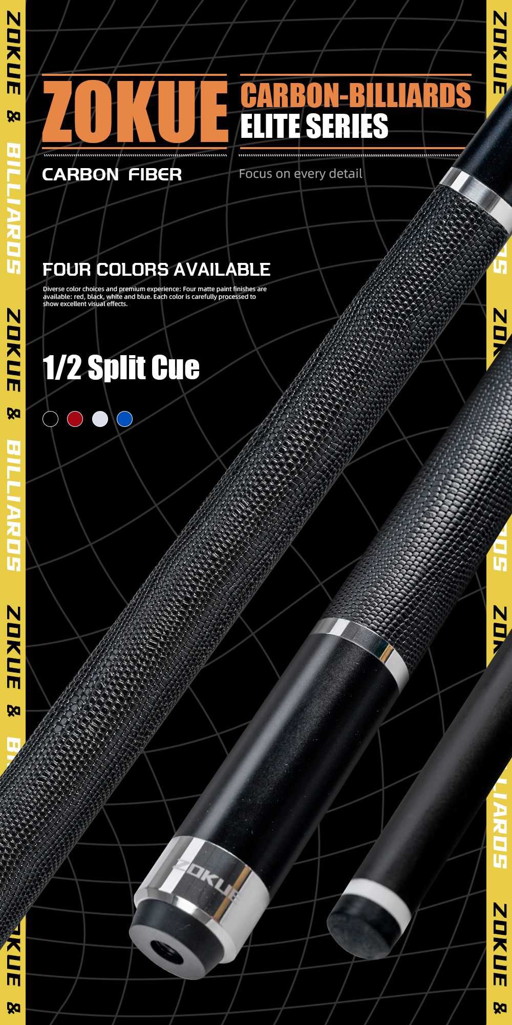 ZOKUE Elite Series Carbon Fiber Pool Cue Low Deflection Full Carbon ...
