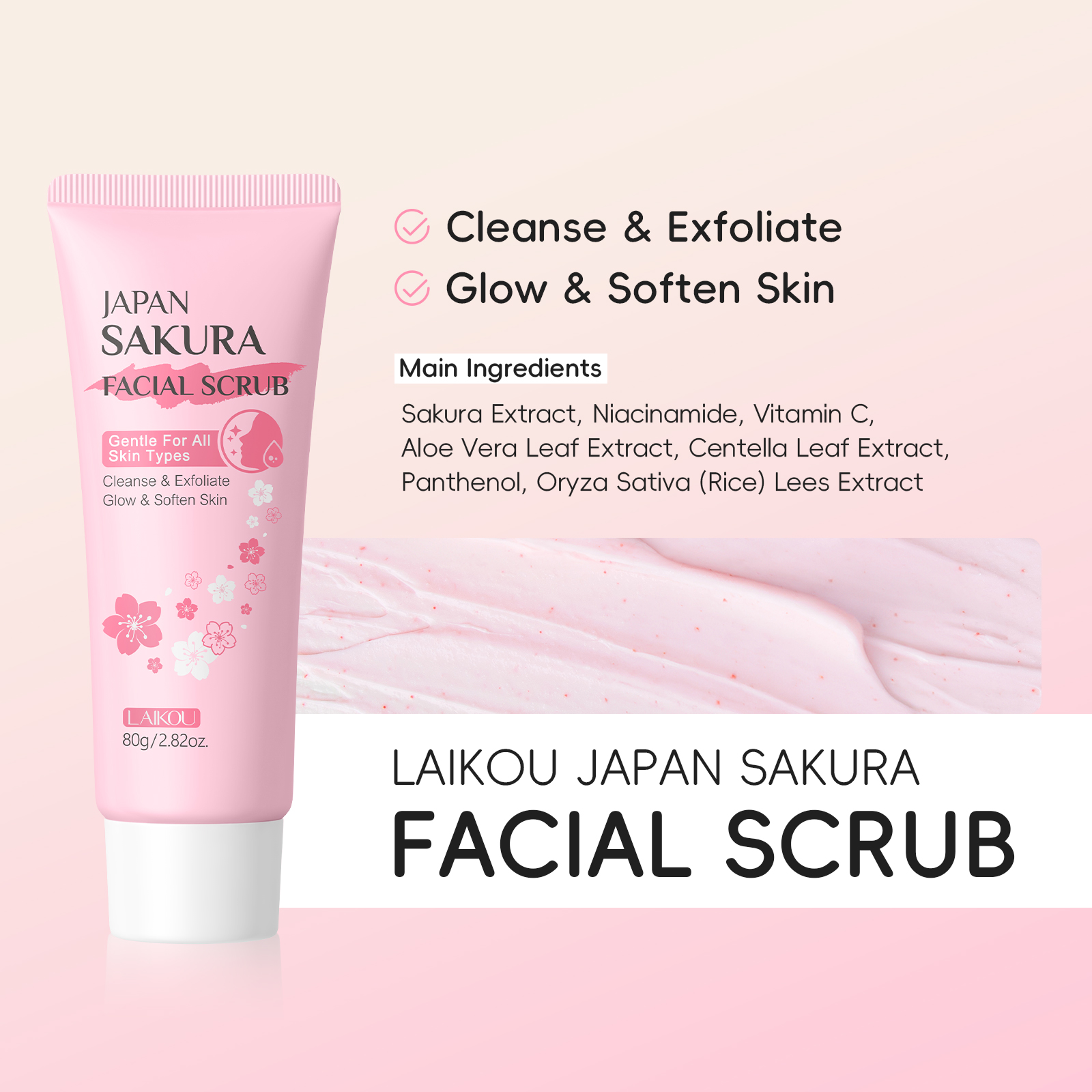 LAIKOU Japan Sakura Facial Scrub Cleanse & Exfoliate Glow & Soften Skin ...