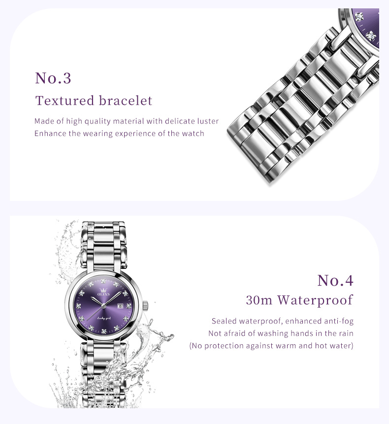 OLEVS Watch For Women Waterproof Original Stainless Steel Silver Purple ...