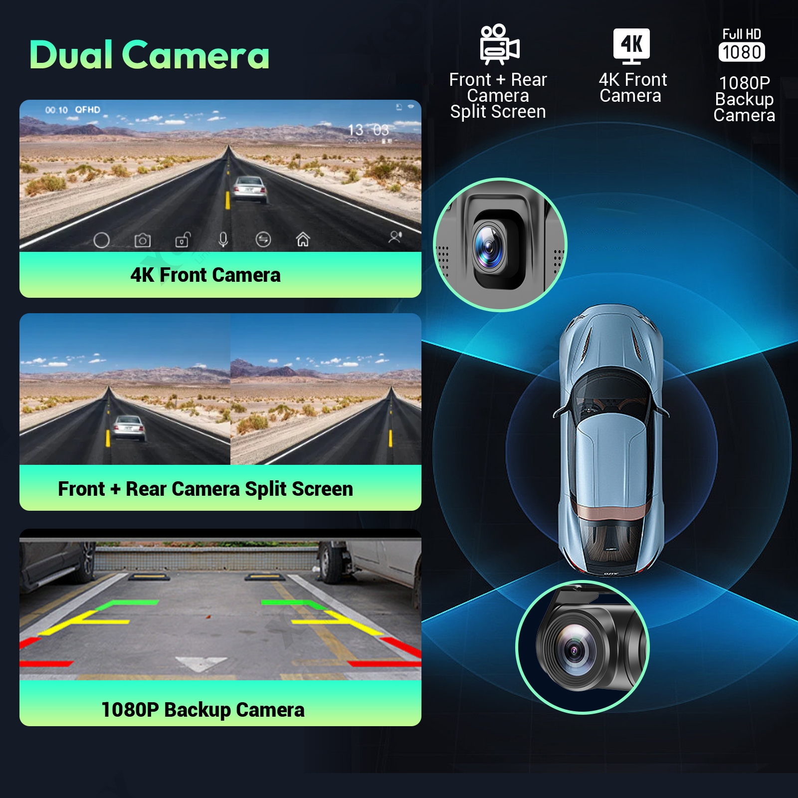 4K + 1080P 10-inch dash cam with dual front and rear cameras Car dash ...