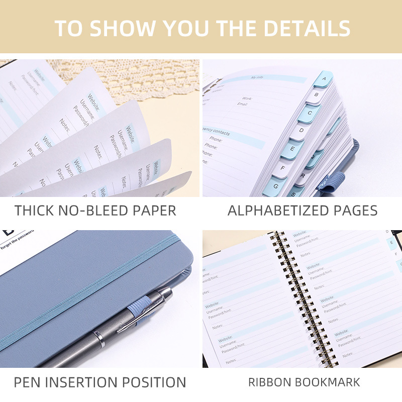 Password recording coil book with letter tags, faux leather index page ...