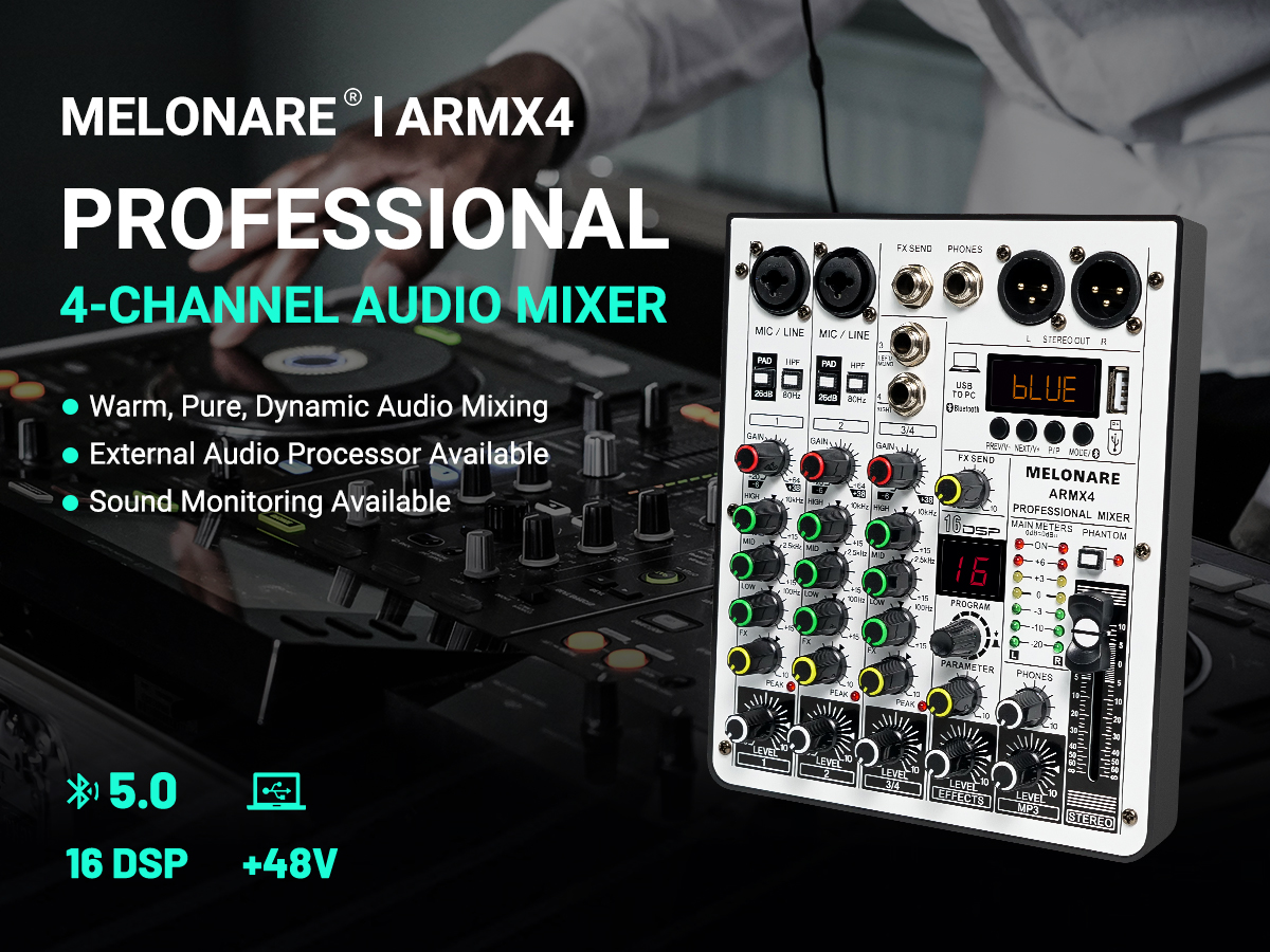 MELONARE ARMX4 4-Channel Audio Mixer DJ Mixer USB Audio Interface ...