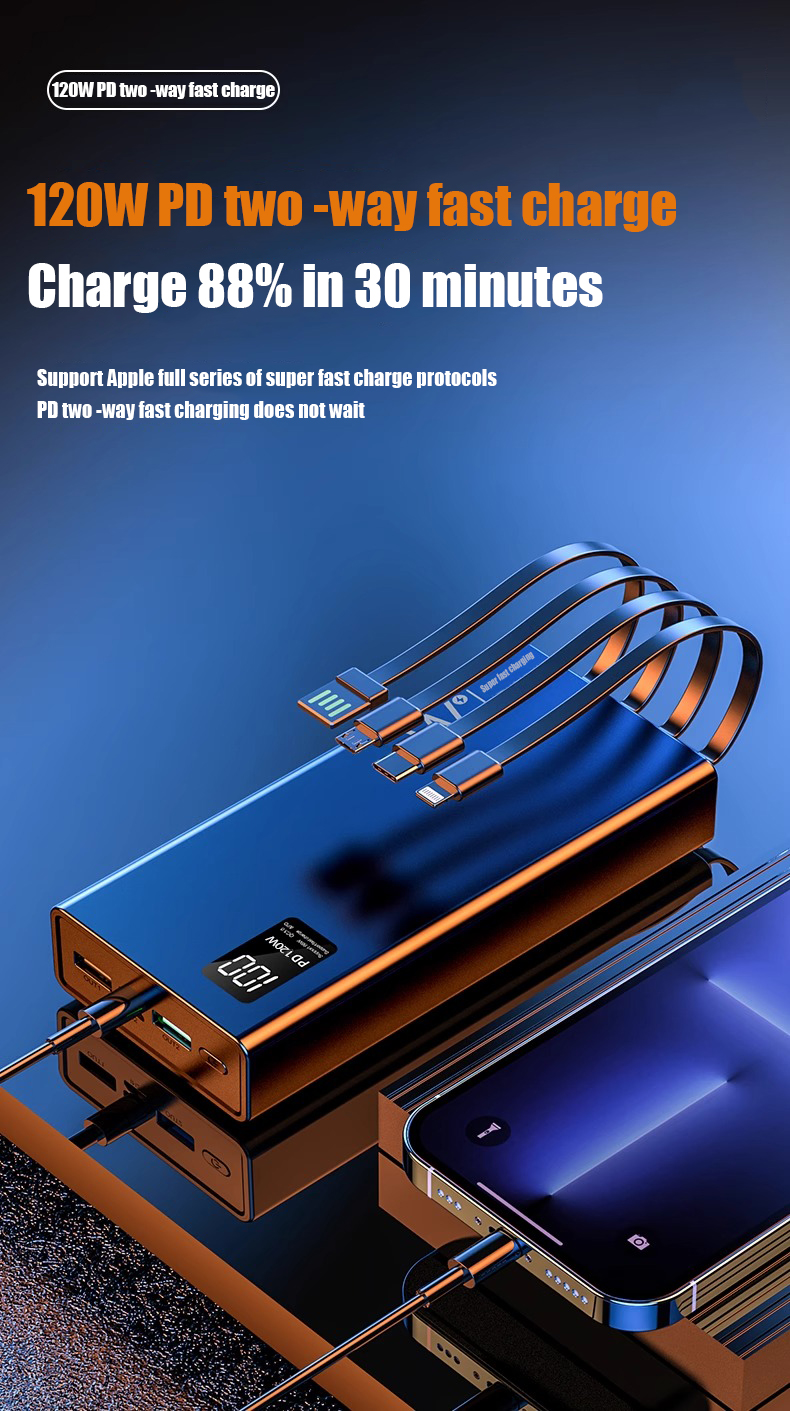 ⚡120W Built-in 4 Cables⚡ power bank 60000mah Super fast charging ...